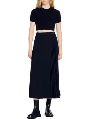 Sandro Curb Chain Buckle Pleated Maxi Skirt - Black
