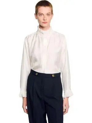 Sandro Silk Shirt With Gathered Collar - Ecru
