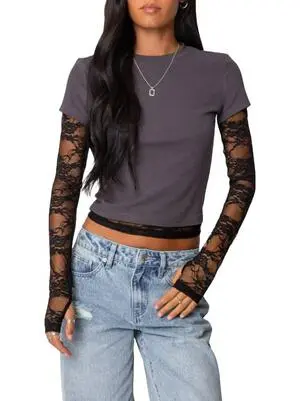 EDIKTED Layered Lace Long Sleeve T-shirt - Gray