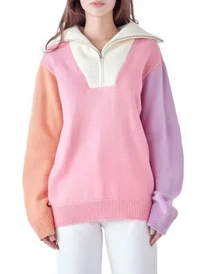 English Factory Colorblock Half Zip Sweater - Pink Multi