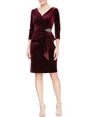 Alex Evenings Pleated Velvet Sheath Dress - Wine