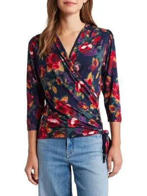 Loveappella Floral-print Faux-wrap Top - Blue Multi