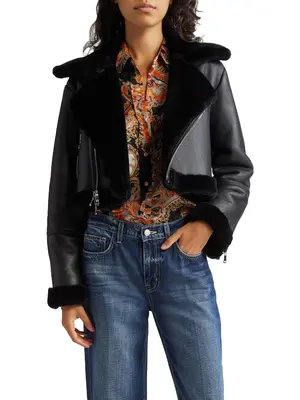 L'Agence Leather & Shearling Moto Jacket Black