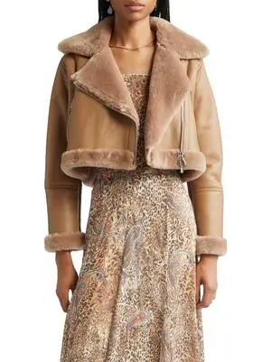L'Agence Leather & Shearling Moto Jacket Chanterelle