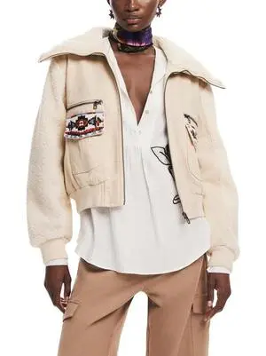 Desigual Faux Shearling Crop Bomber Jacket - White
