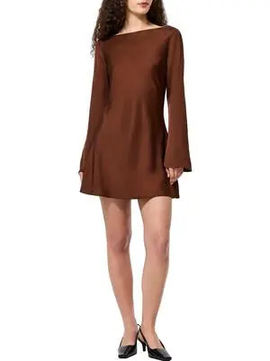 French Connection Ennis Long Sleeve Satin Minidress - 23-chocolate