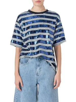 GREY LAB Sequin Stripe Longline Top - White/ Navy