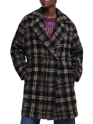 Desigual Corcega Double-breasted Plaid Coat - Black