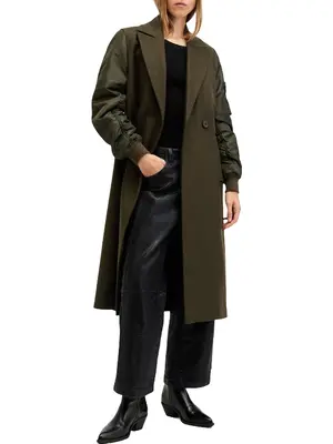 ALLSAINTS AllSaints Paulah Mixed Media Wool-Blend Coat Khaki Green