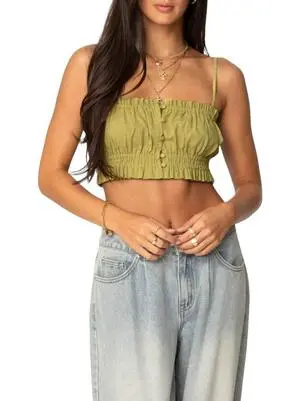 EDIKTED Alda Linen & Cotton Crop Top - Green
