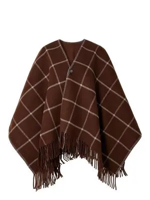 Purdey Welbeck Fringed Whipstitched-trimmed Checked Wool And Cashmere-blend Cape - Brown