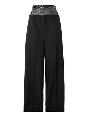 Stella McCartney Wool Wide-leg Pants With Crystal-embellished Tulle Panel - Black