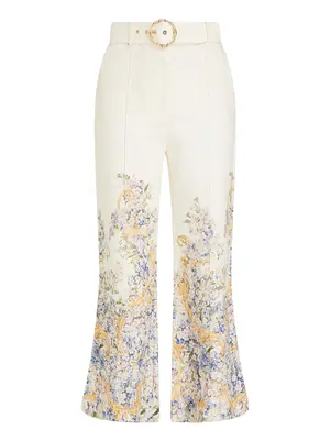 ZIMMERMANN Floral-Print Kick-Flare Linen Pants With Belt