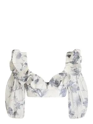 Zimmermann Cropped Ruffled Floral-print Plissé-organza Top - Off-white