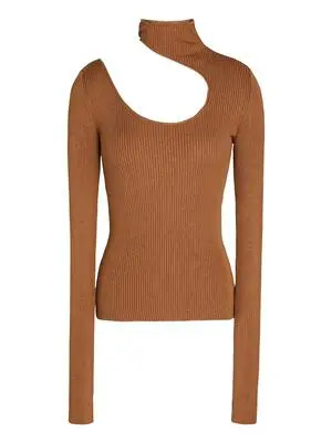 PETAR PETROV Cutout Ribbed-knit Turtleneck Top - Light Brown