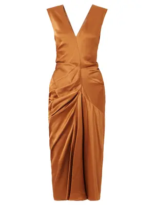 Dries Van Noten Gathered Satin Midi Dress - Orange