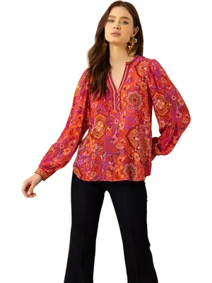 Hale Bob Skye Beaded Silk Top - Red
