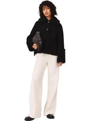 Maje Curly Cropped Jacket With Textured Cuffs - Black