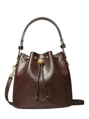 Tory Burch Tory Burch T Monogram Leather Bucket Bag Deep Maroon/gold