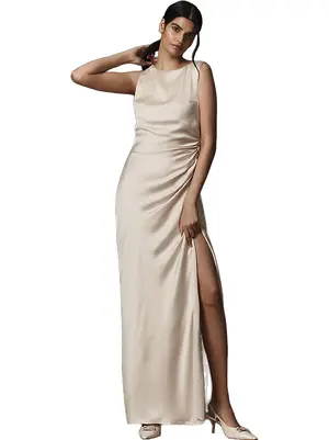 Bhldn Emma High-Neck Satin Maxi Gown Beige
