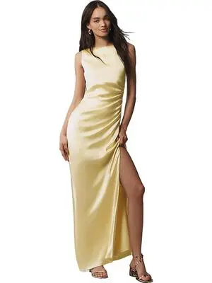Bhldn Emma High-Neck Satin Maxi Gown Butter Yellow