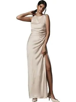 Bhldn Emma High-Neck Satin Maxi Gown Champagne