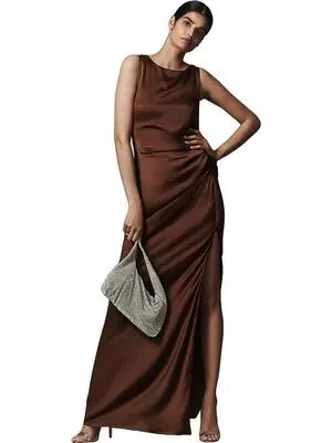 Bhldn Emma High-Neck Satin Maxi Gown Chocolate