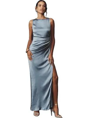 Bhldn Emma High-neck Satin Maxi Gown - Steel Blue