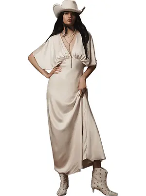 Bhldn Amelia Deep-V Flutter-Sleeve Satin A-Line Gown Beige