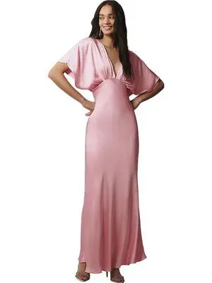 Bhldn Amelia Deep-v Flutter-sleeve Satin A-line Gown - Blush Pink