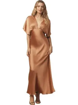 Bhldn Amelia Deep-V Flutter-Sleeve Satin A-Line Gown Copper