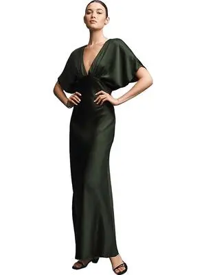 Bhldn Amelia Deep-v Flutter-sleeve Satin A-line Gown - Forest Green