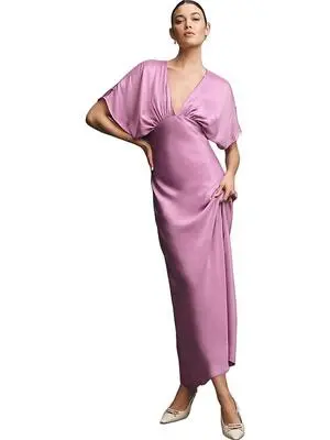 Bhldn Amelia Deep-V Flutter-Sleeve Satin A-Line Gown Multicolor