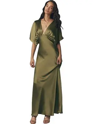 Bhldn Amelia Deep-v Flutter-sleeve Satin A-line Gown - Olive