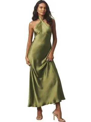 Bhldn Selma Halter-neck Satin Maxi Dress - Olive Green