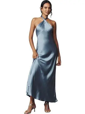 Bhldn Selma Halter-neck Satin Maxi Dress - Steel Blue