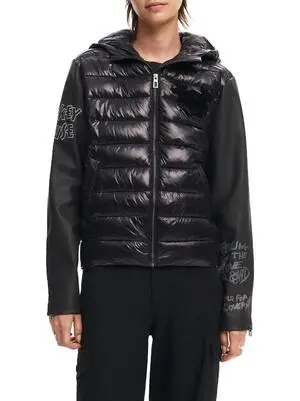 Desigual Mickey Mouse Mixed Media Puffer Coat - Black