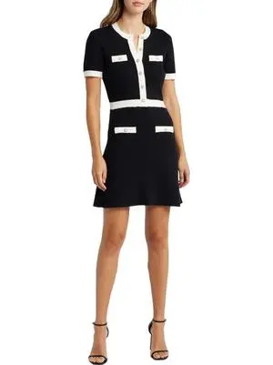 QUINCY MAE Contrast Button Ribbed Minidress - Black White