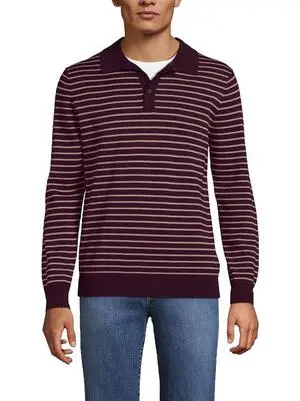 LANDS' END Long Sleeve Cotton Sweater Polo Lush Burgundy/mauve Stripe