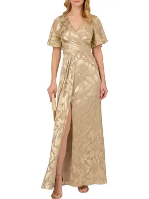 Adrianna Papell Metallic Leaf Jacquard Draped Gown - Champagne/gold