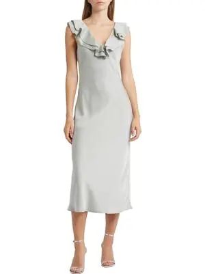 WAYF Lida Ruffle Satin Midi Dress - Pale Sage
