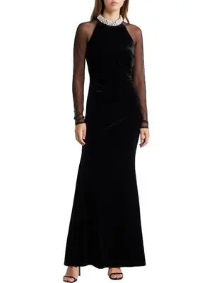 Eliza J Embellished Velvet Gown - Black