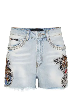 Philipp Plein Tattoo Stud-embellished Denim Shorts - Blue