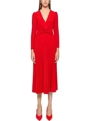 NISSA Pleated V-neck Midi Dress - Red