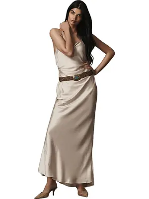 Bhldn Saylor Cowl-Neck Satin Maxi Dress Beige