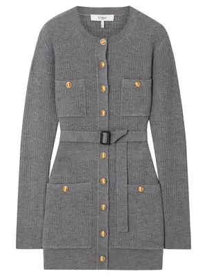 Chloé Belted Ribbed Wool-blend Mini Dress - Gray
