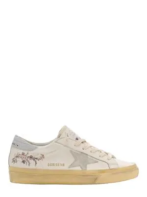 GOLDEN GOOSE Super-star Distressed Leather Sneakers With Floral Detailing - White