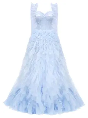MILLA Tulle Maxi Gown With Ruffled Straps - Light Blue