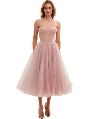 MILLA Strapless Midi Tulle Dress - Misty Rose