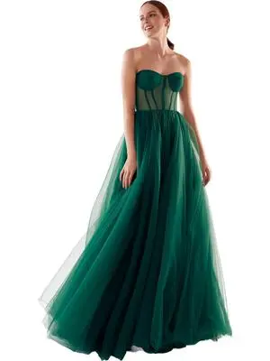 MILLA Tulle Strapless Maxi Gown With Corset Bustier - Emerald Green